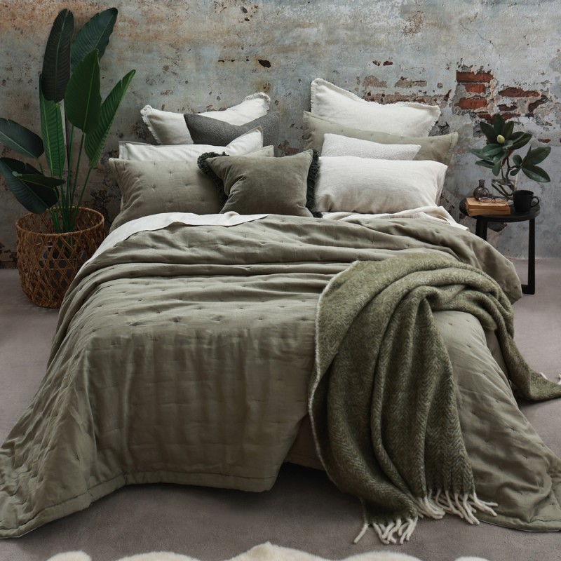 Laundered Linen Quilted Bedspread by MM Linen Olive