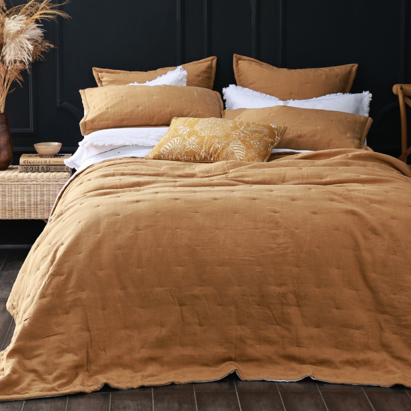 Laundered Linen Quilted Bedspread by MM Linen Cumin