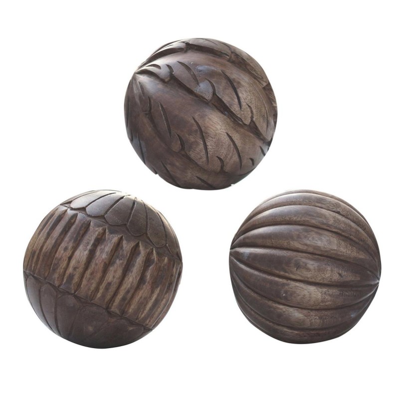 Set of 3 Carved Mango Wood Spheres - Brown
